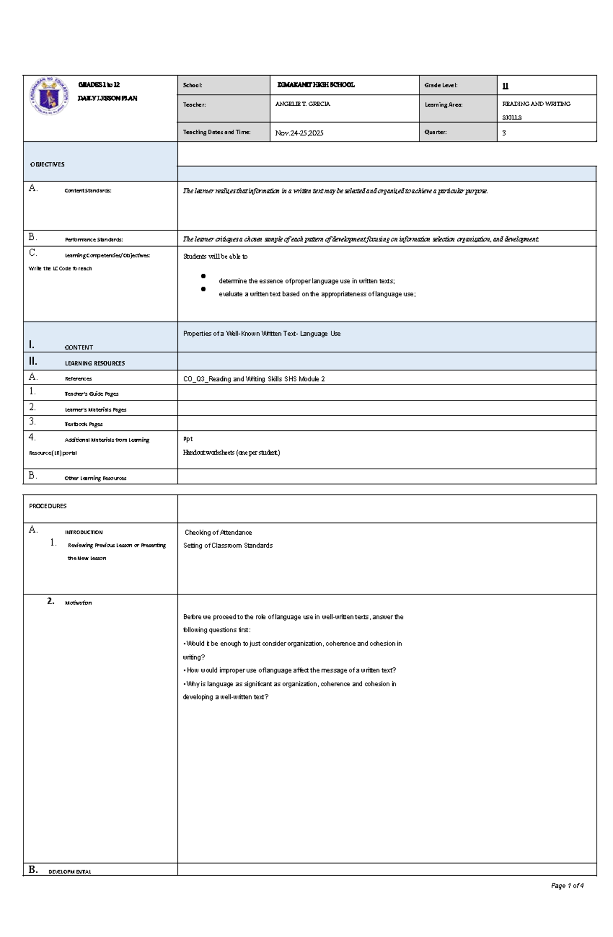 Daily Lesson Plan: Reading and Writing Skills (Grade 11) - Studocu