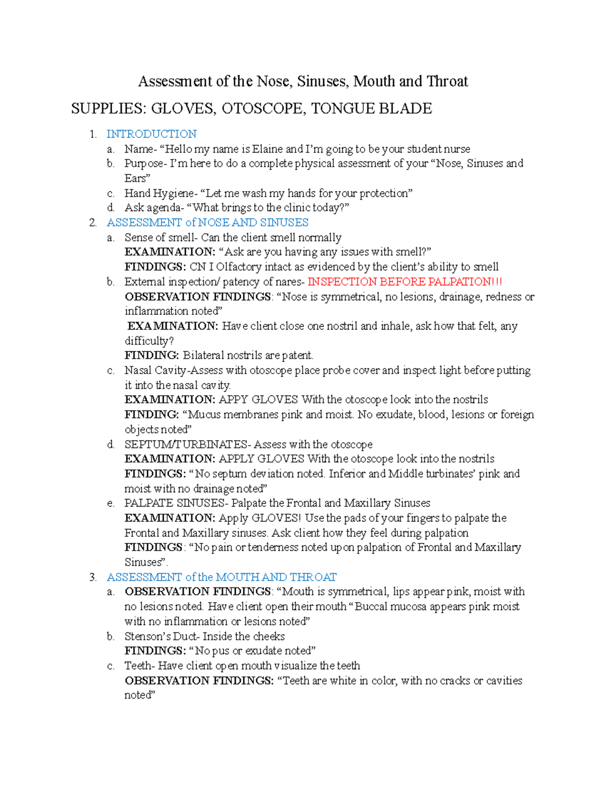 Comprehensive Assessment of Nose, Sinuses, Mouth & Throat - Studocu