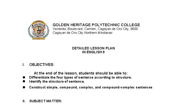 Detailed Lesson Plan in English 8: Types of Sentence Structure - Studocu