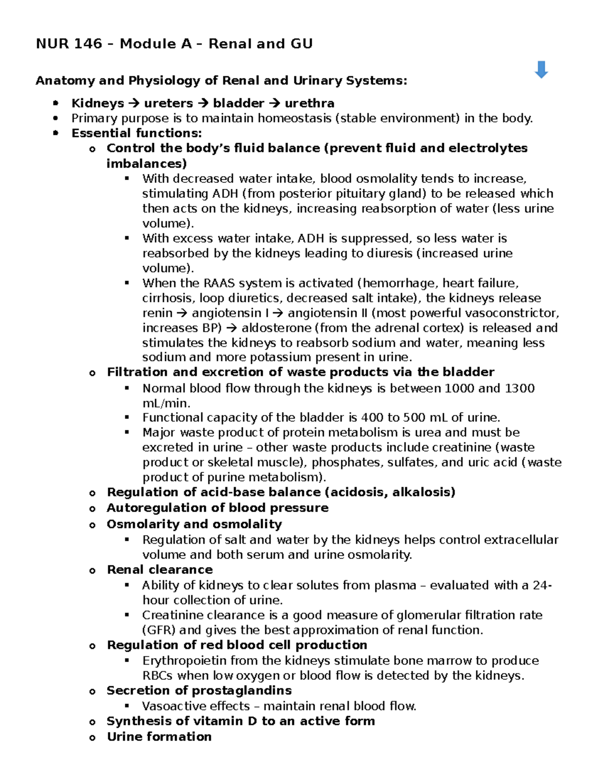 NUR 146 - Module A: Anatomy & Physiology of Renal & Urinary Systems ...