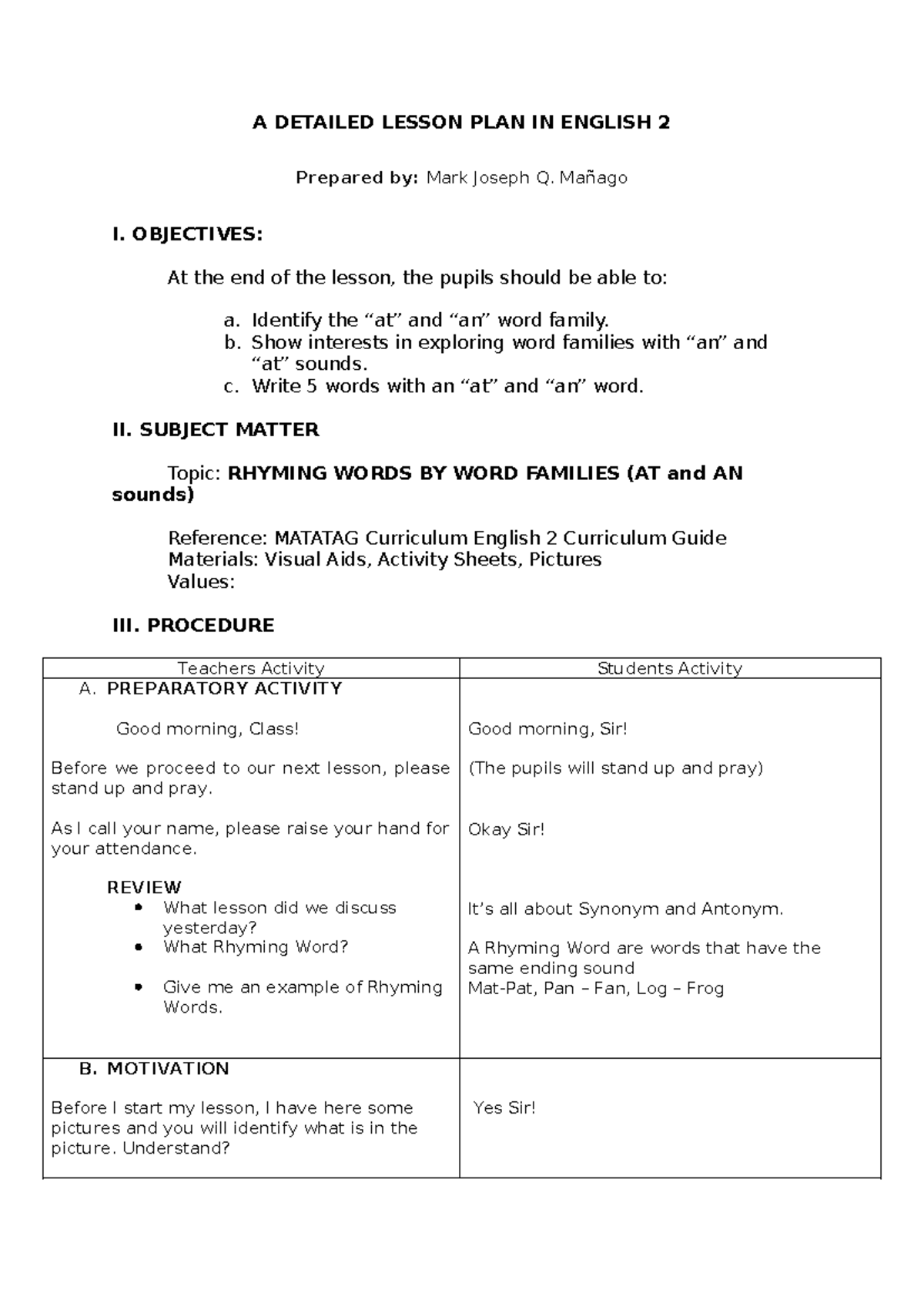 Detailed Lesson Plan: Rhyming Words & Word Families (English 2) - Studocu
