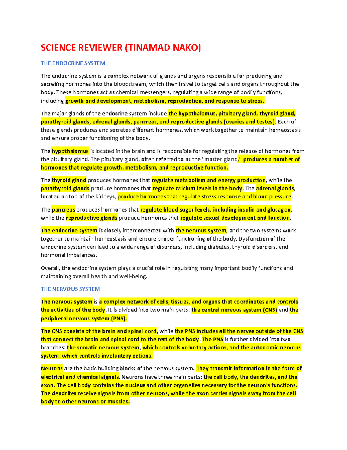 Grade 10 3rd Quarter Science Review: Endocrine, Nervous & Reproductive ...