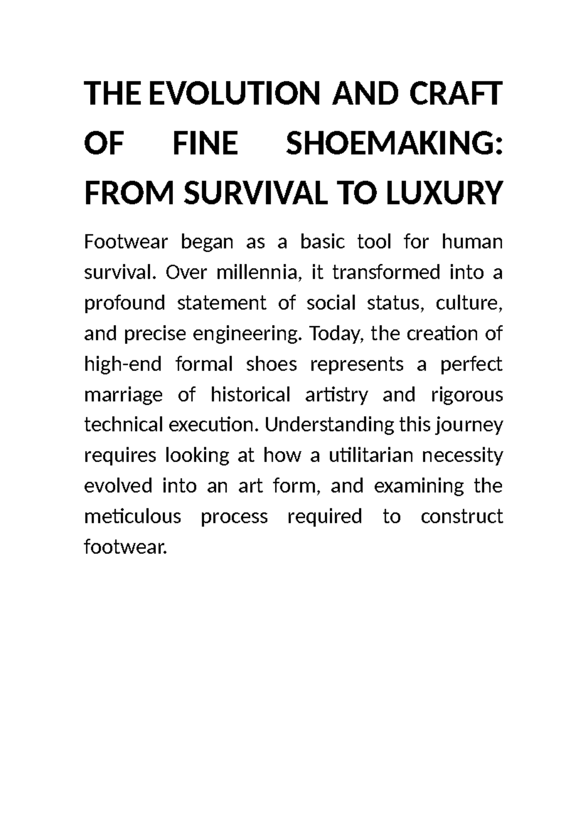 Fine Shoemaking Evolution: From Survival to Luxury (Course Code: WRIT 2 ...