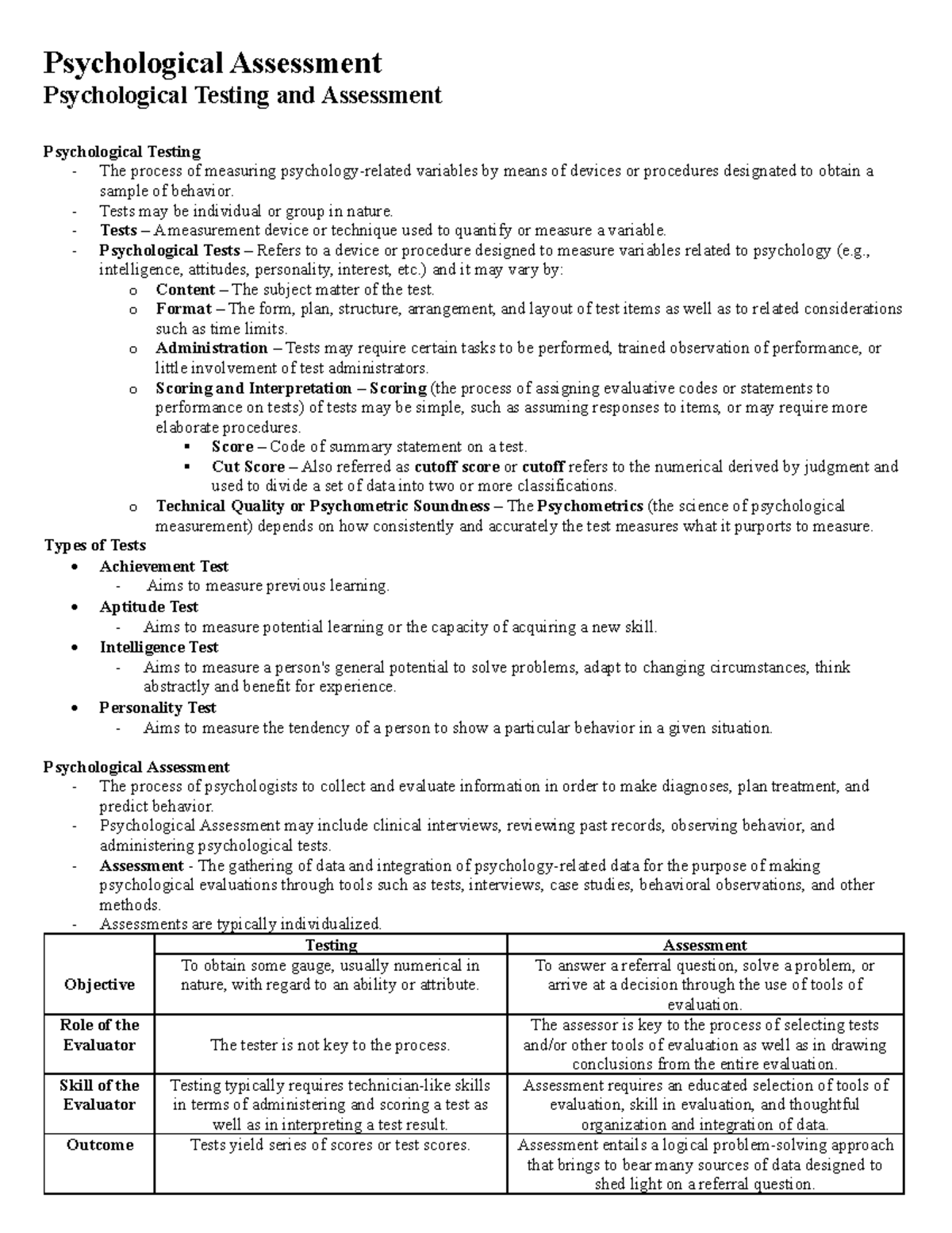 Psychological Assessment Overview: Methods, Types, and History - Studocu