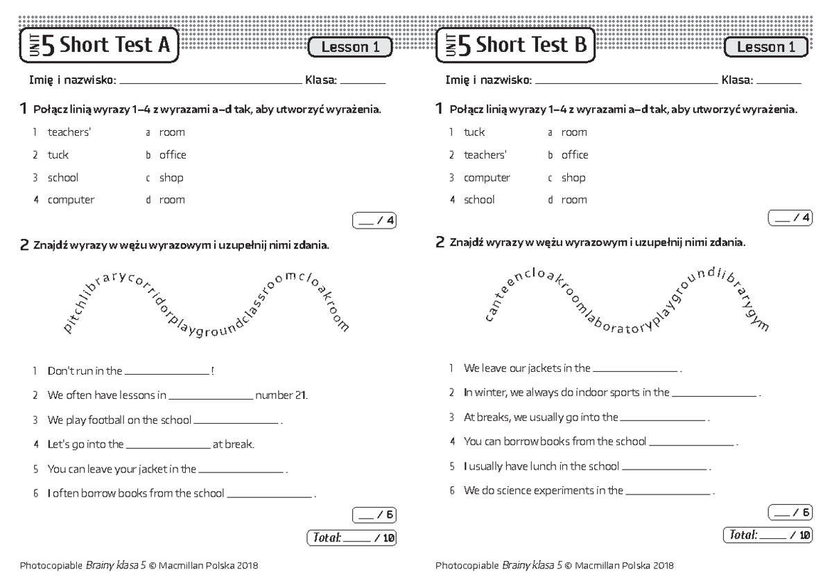 Brainy 5 Unit 5 Lesson 1 Short Tests A & B - Studocu