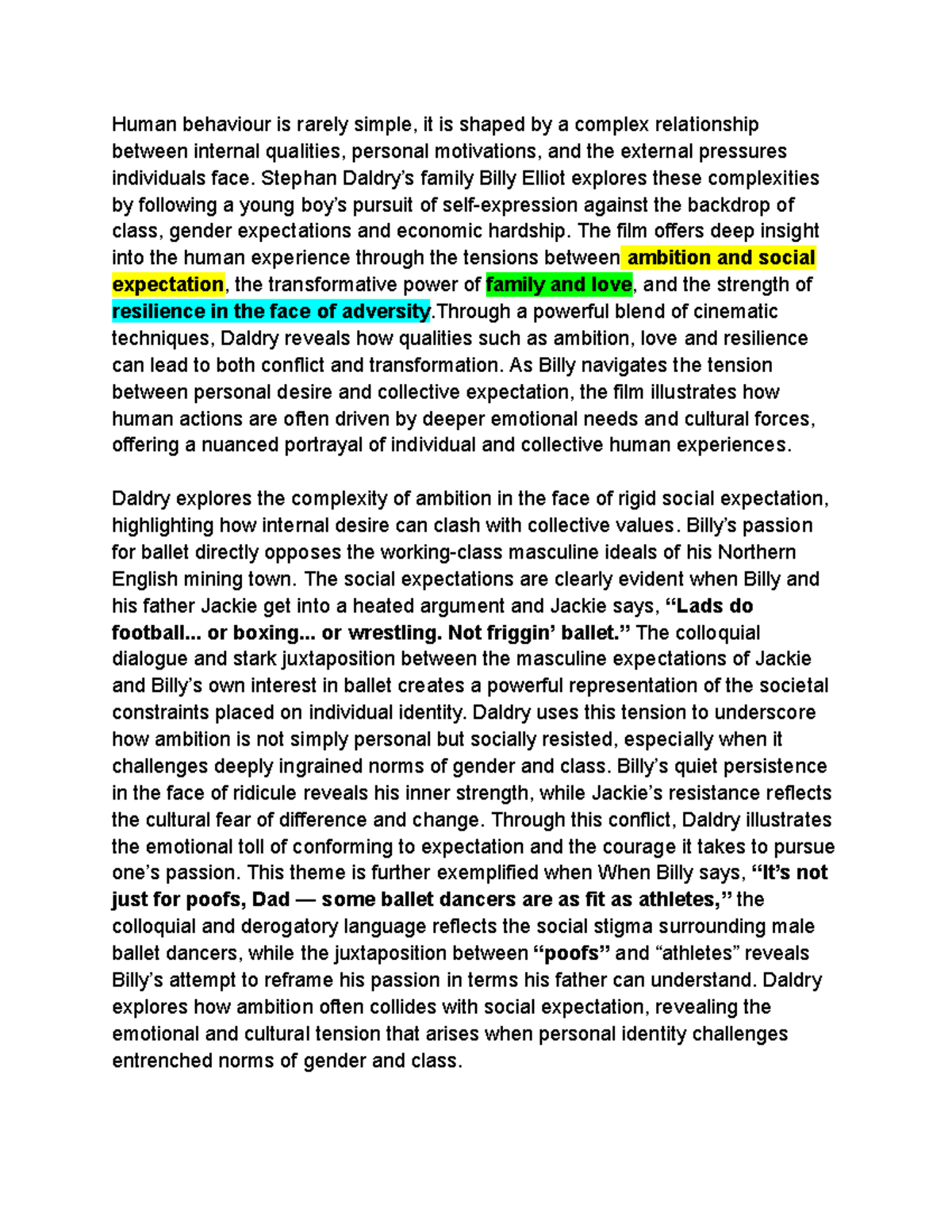 Billy Elliot - Common Module Essay Analysis - Studocu