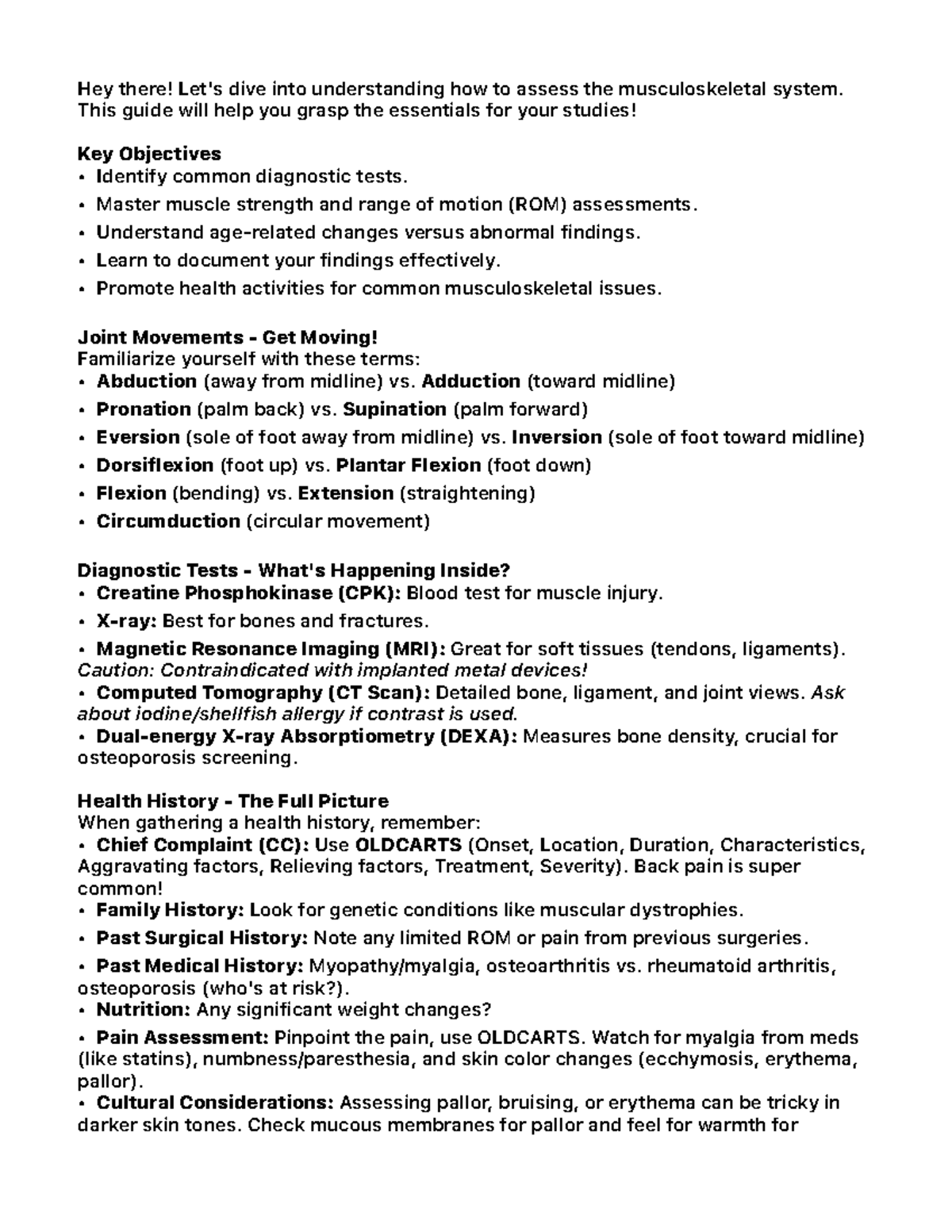Musculoskeletal Assessment Guide: Key Techniques & Objectives - Studocu