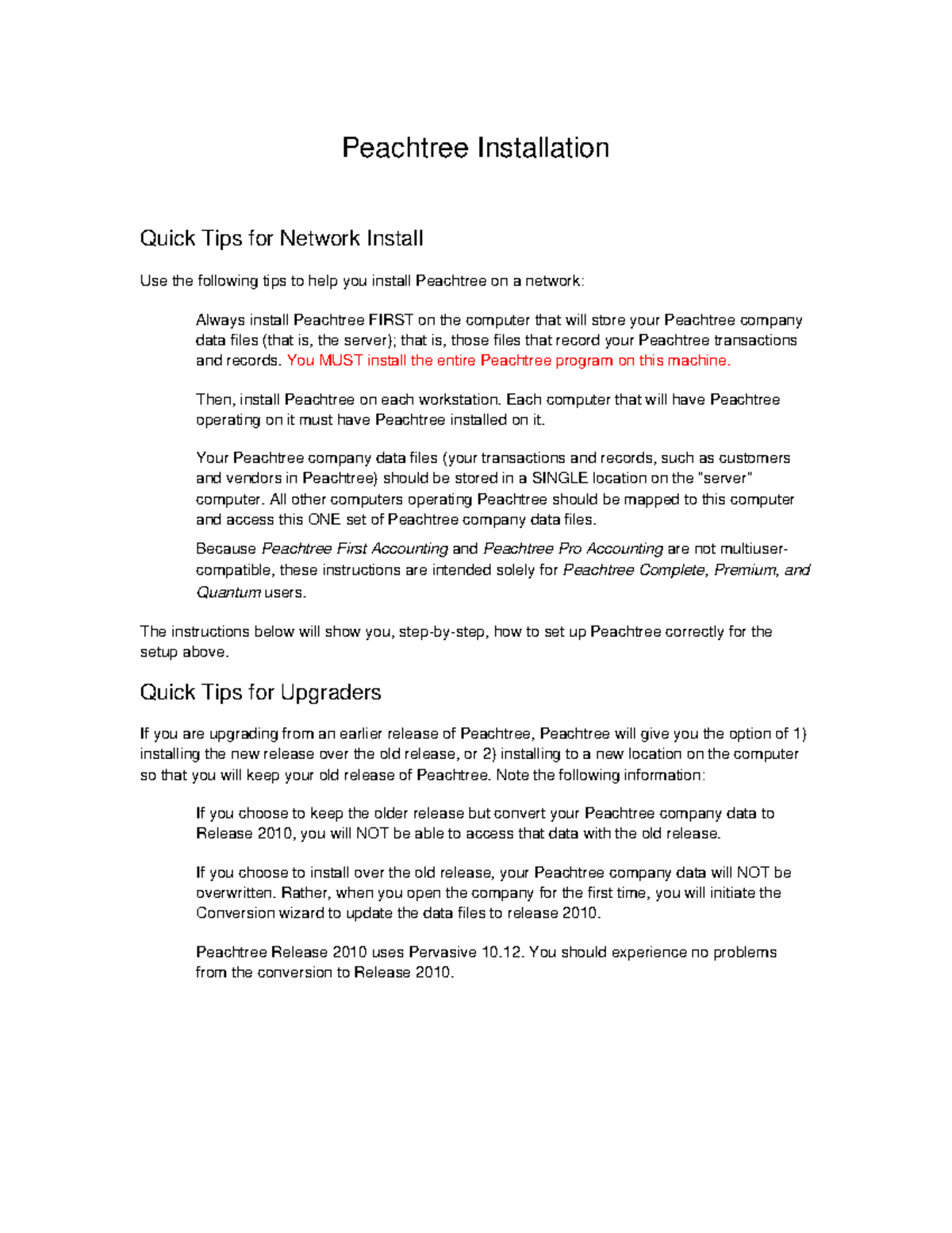 Peachtree Installation Instructions for Network Setup and Upgrades ...