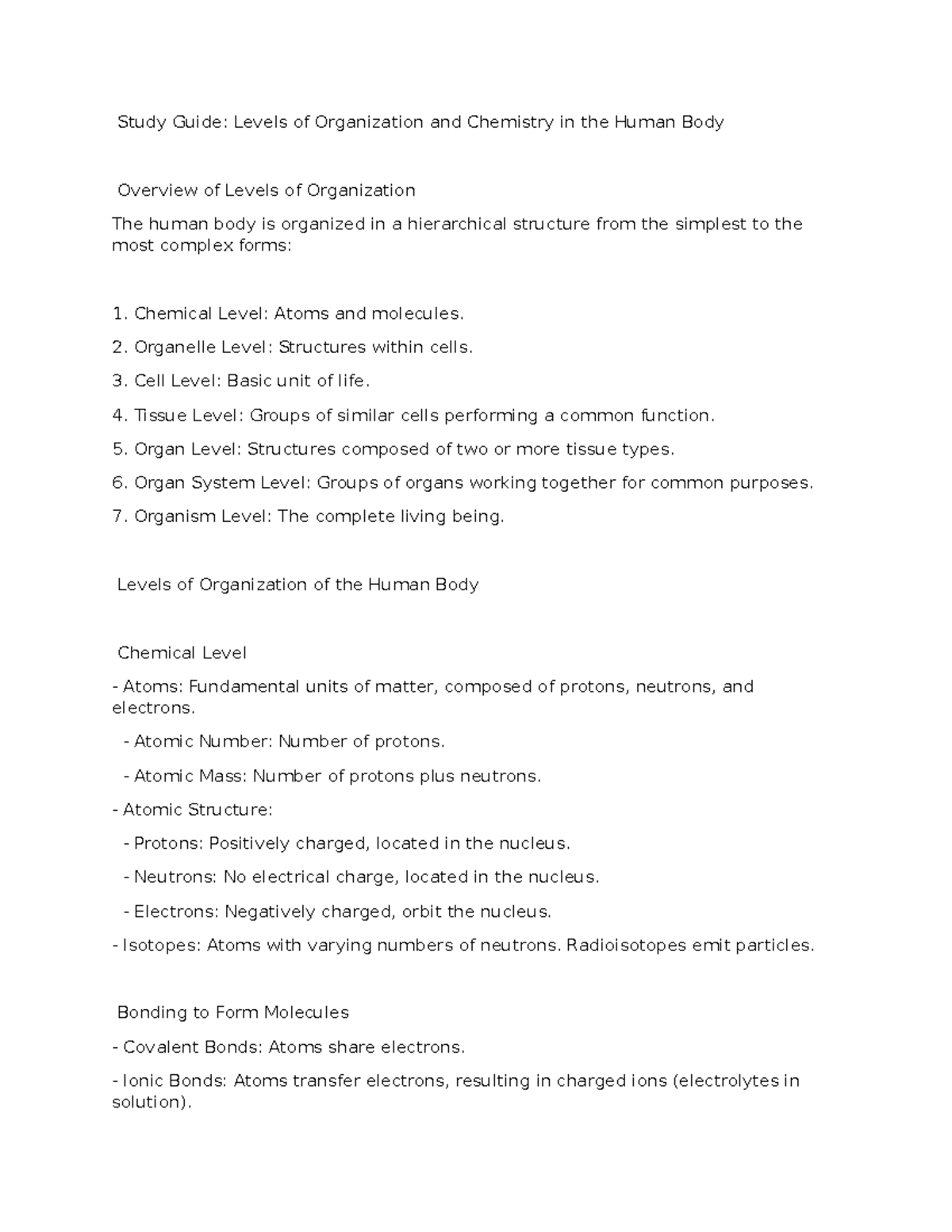 Study Guide: Levels of Organization & Chemistry in the Human Body ...