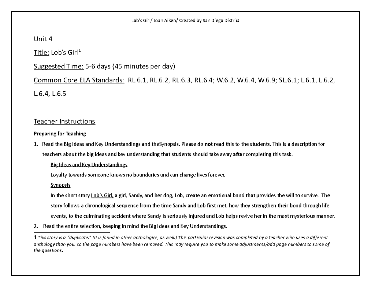 6. Lob's Girl. lesson - Anthology - Unit 4 Title: Lob’s Girl 1 ...
