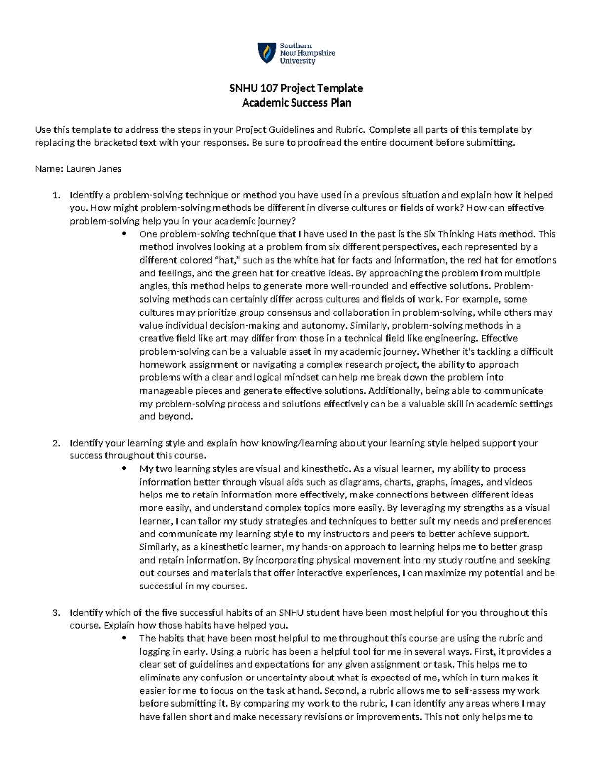SNHU 107 Project Template: Academic Success Plan Guidelines - Studocu