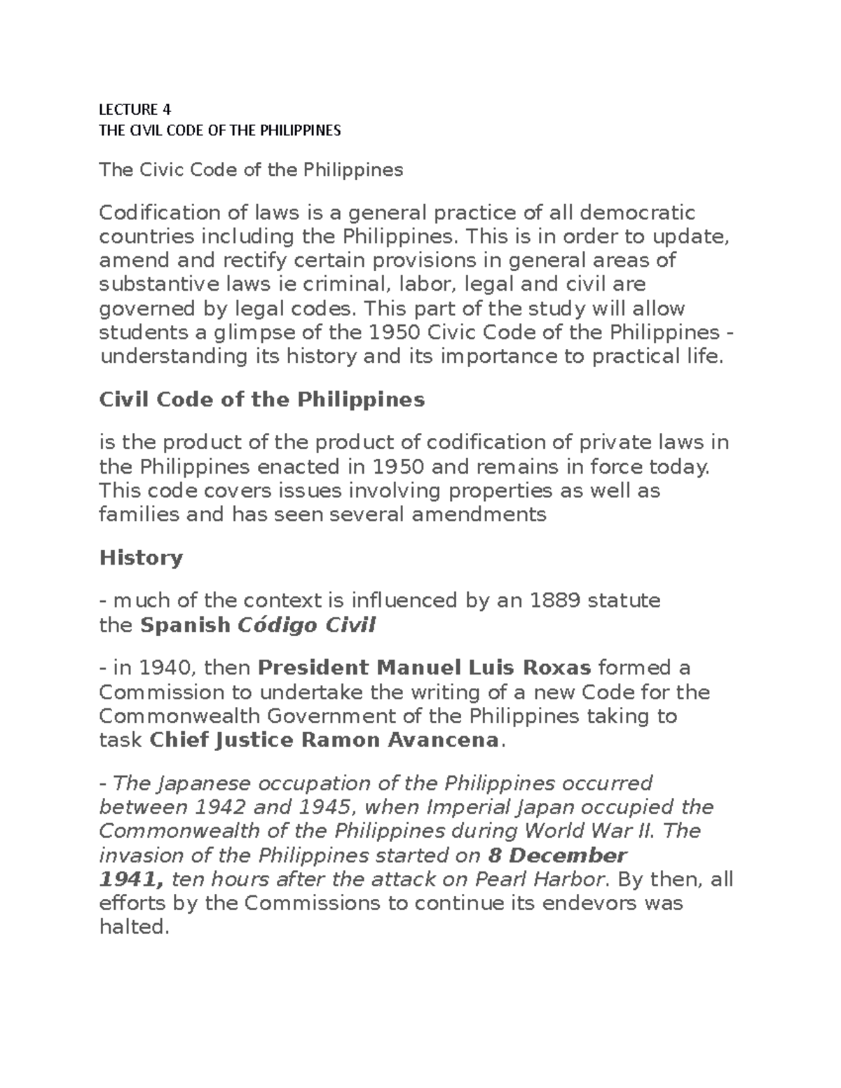 Civil Code of the Philippines: In-Depth Lecture Notes on 1950 Code ...