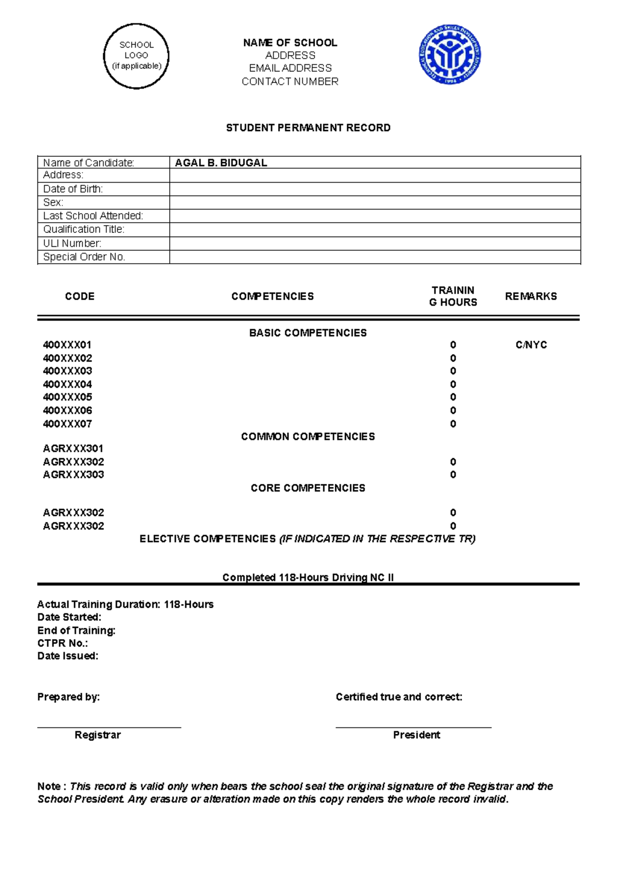 Sample Permanent Record AND FORM 9 - SCHOOL LOGO (if applicable) NAME ...
