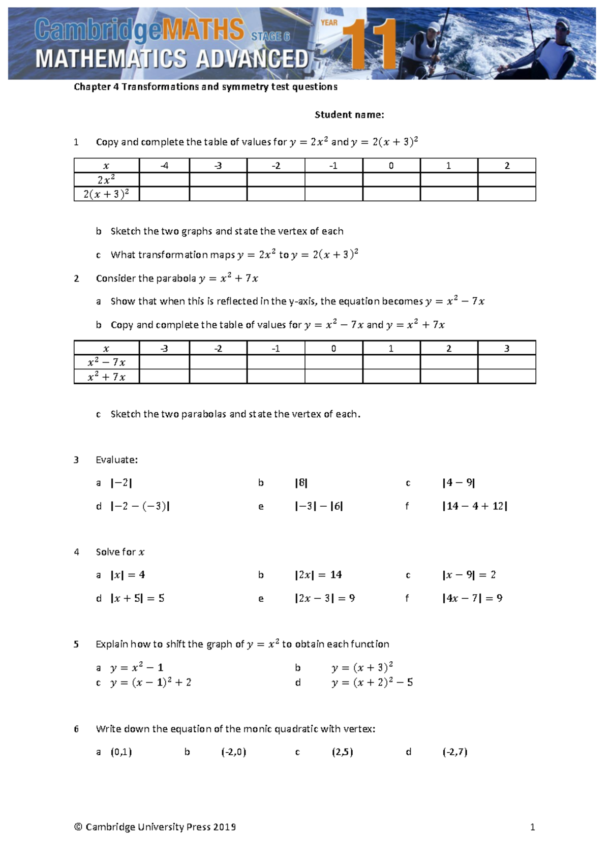 Advanced Math 202: Chapter 4 Transformations & Symmetry Practice ...
