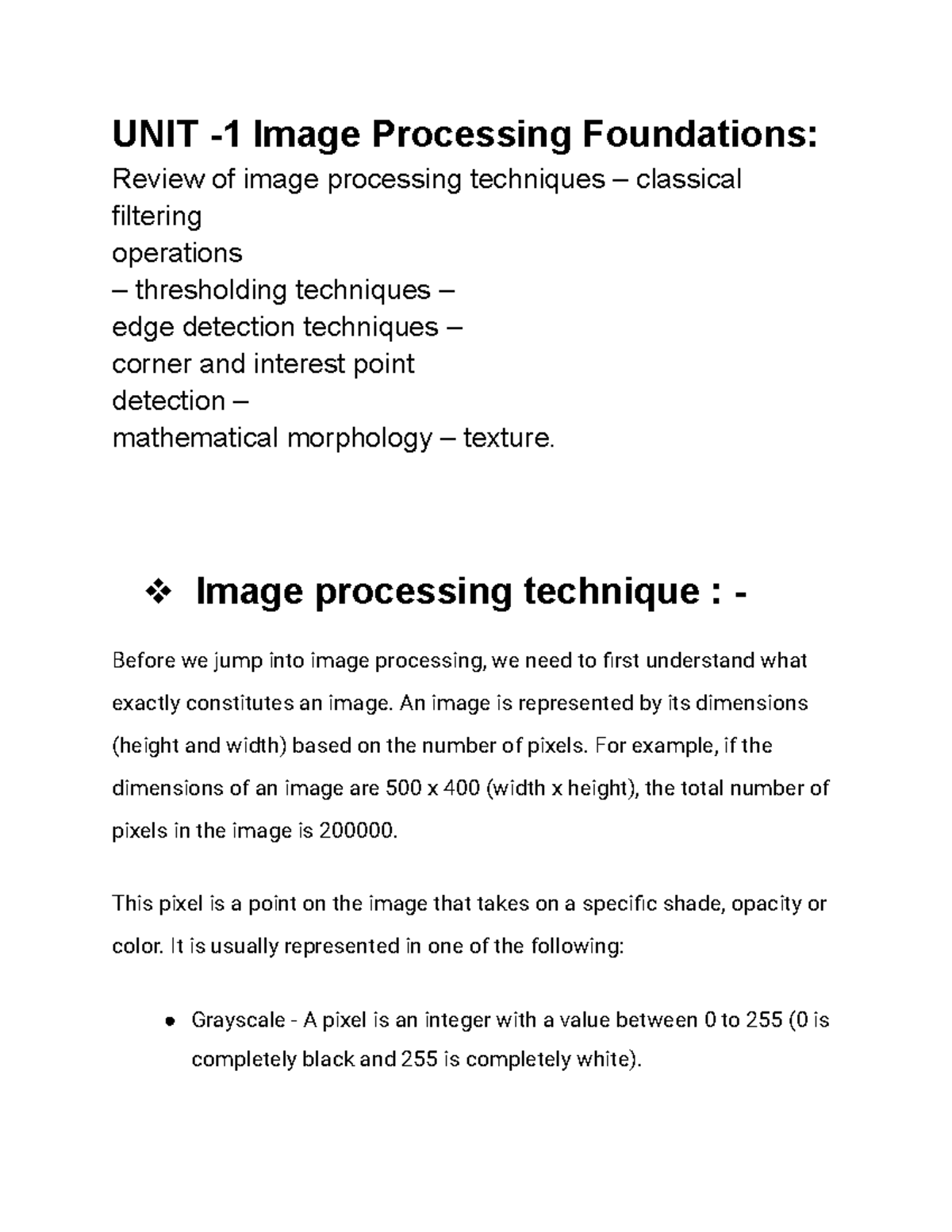 UNIT 1 - Image Processing Foundations: Techniques & Concepts - Studocu