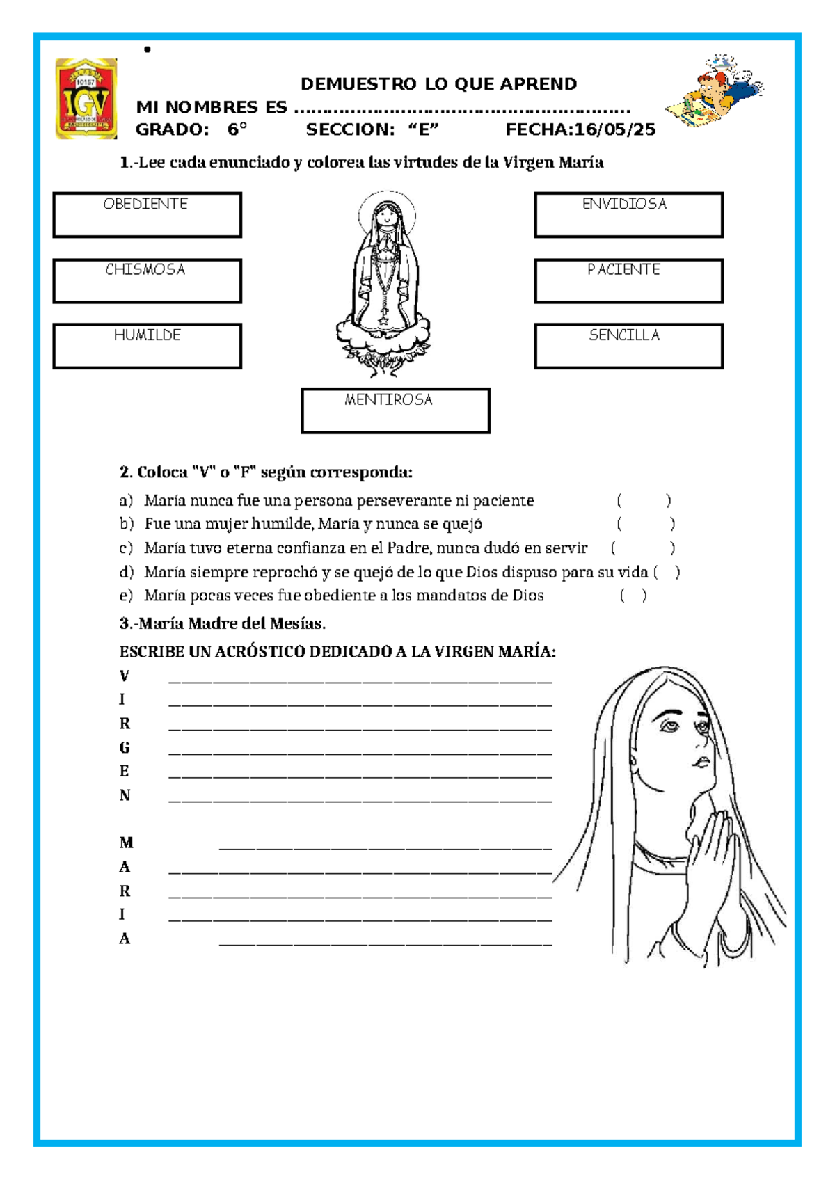 Fichas de Tareas sobre la Virgen María - Grado: Sección - Studocu