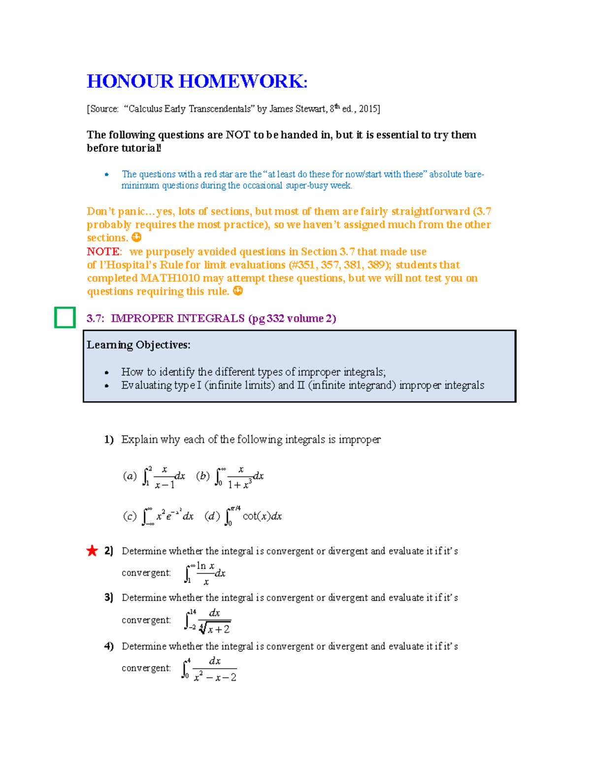 MATH1010: Homework on Improper Integrals & Applications - Studocu