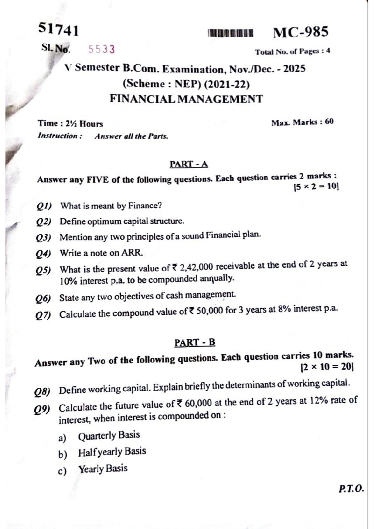 51741 SI: Financial Management V Semester B.Com. Exam Questions 2025 ...