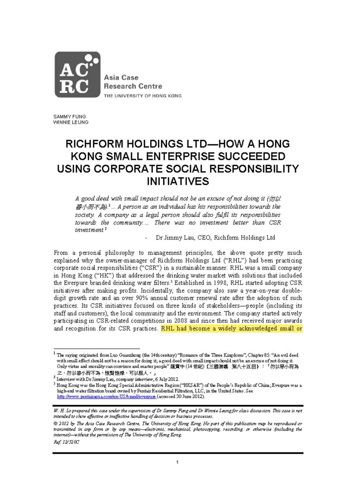 Richform Holdings: A case study on CSR initiatives in a HK SME - Studocu