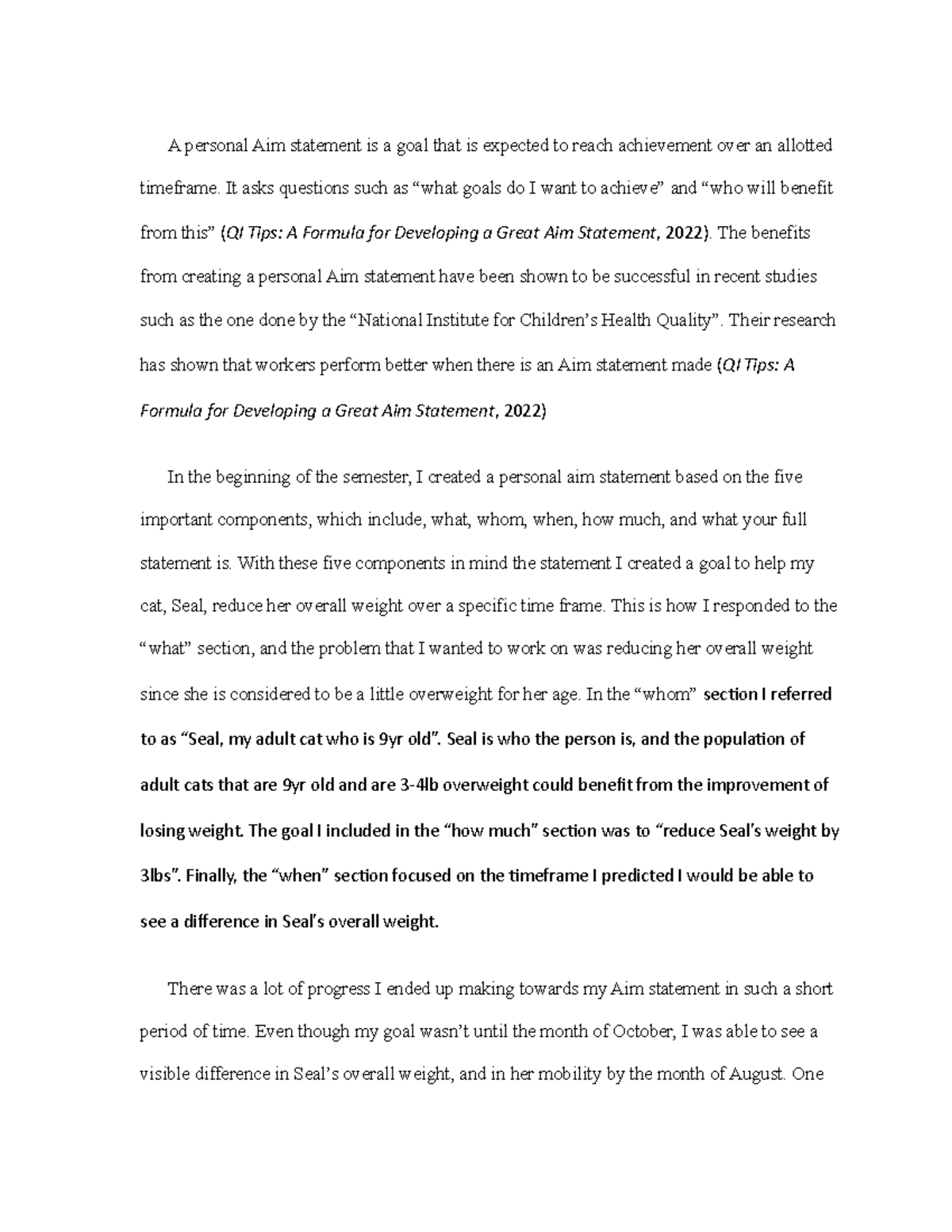 Final Personal Aim Statement for Cat Weight Reduction Plan - Studocu