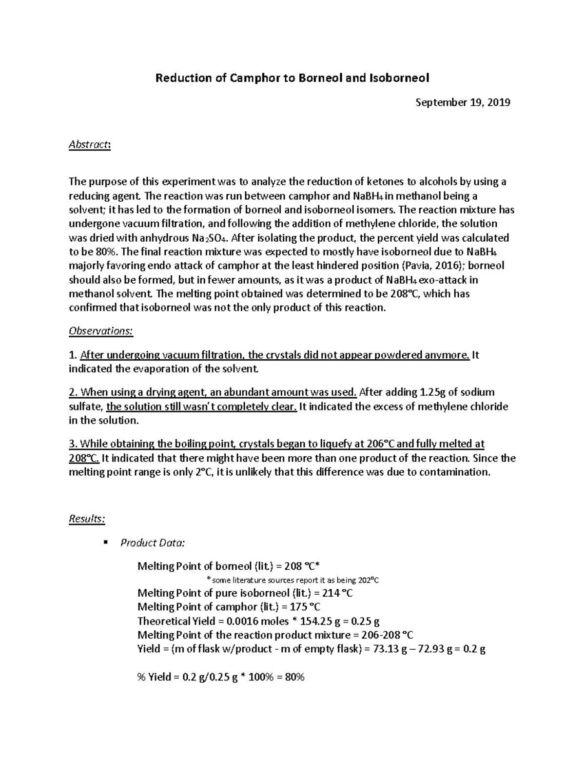 Lab 2 Report: Reduction of Camphor to Borneol and Isoborneol Analysis ...