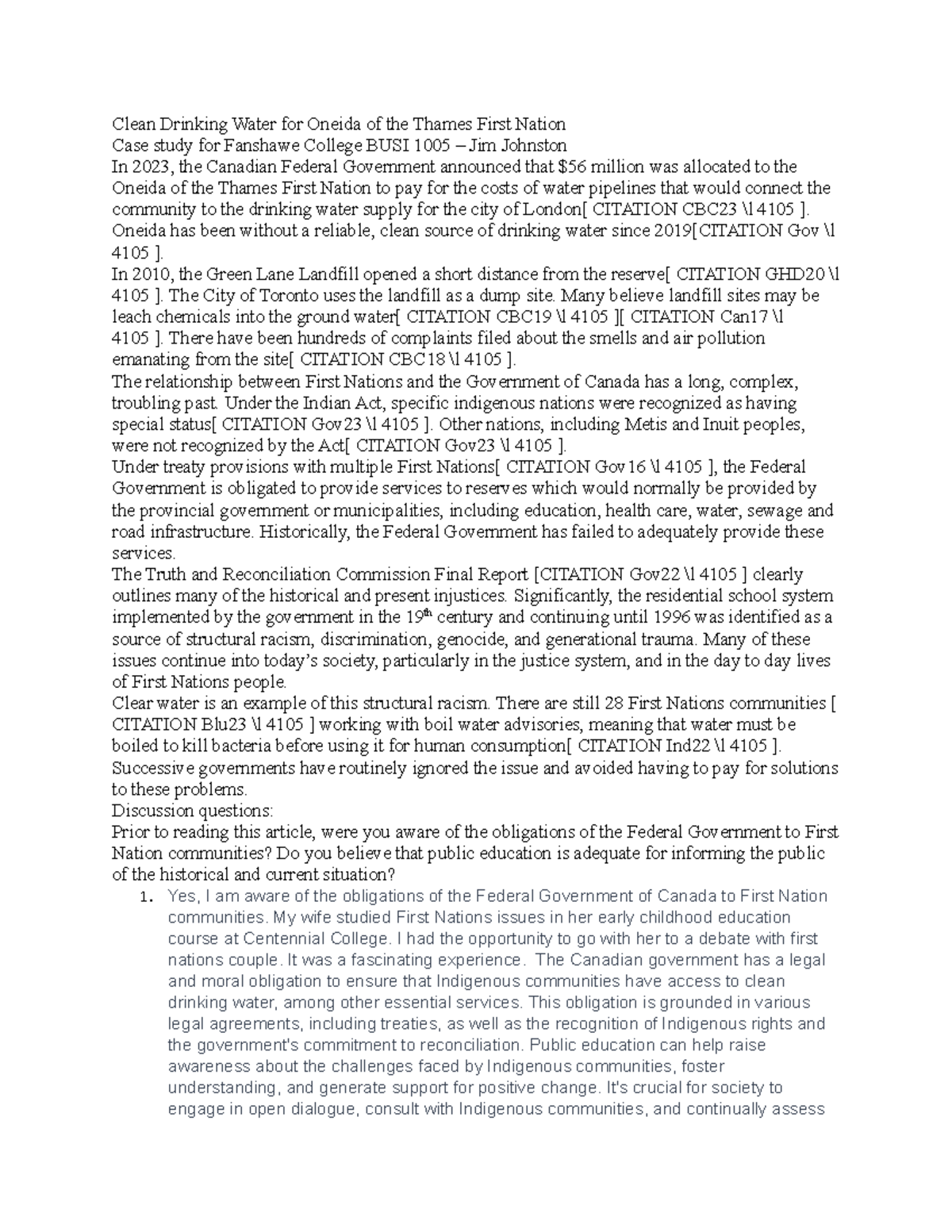 Assignment - Ethics Questions - Clean Drinking Water for Oneida of the ...