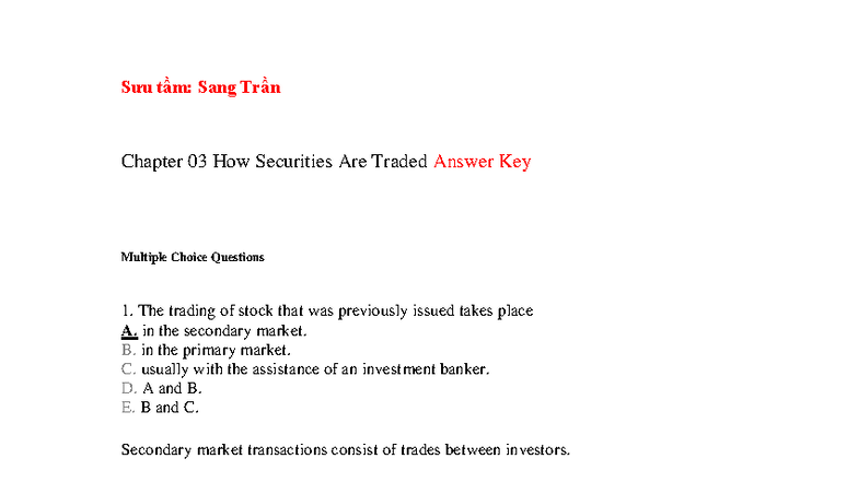 Testbank Chapter 3 - Đầu tư tài chính: Answer Key for Stock Trading ...