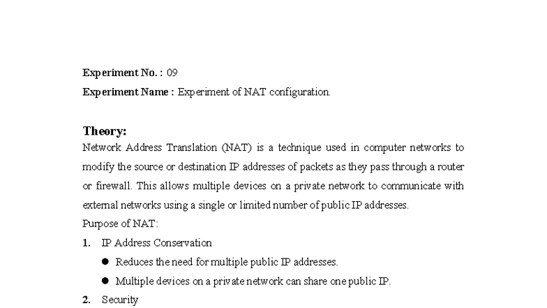 Lab 9 (CN): NAT Configuration Experiment in Computer Networks - Studocu