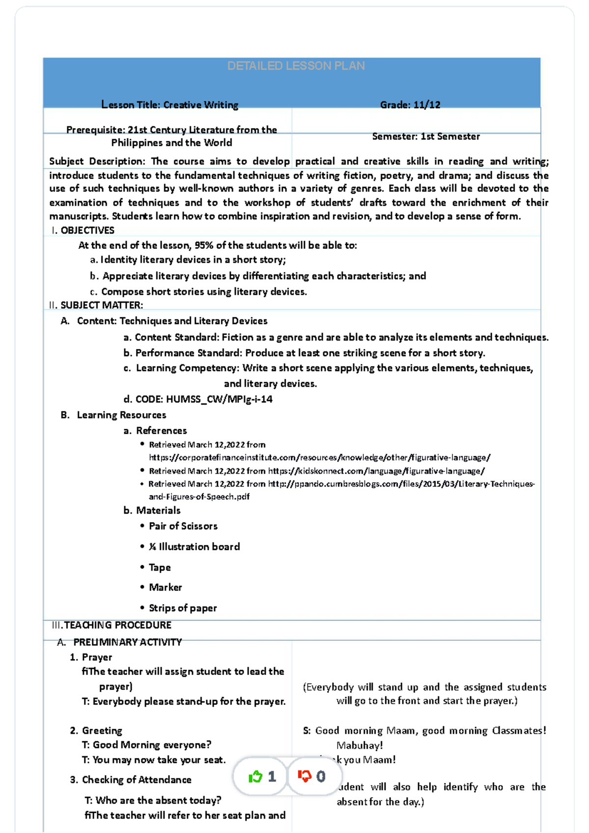 Detailed Lesson Plan: Creative Writing Techniques & Literary Devices ...