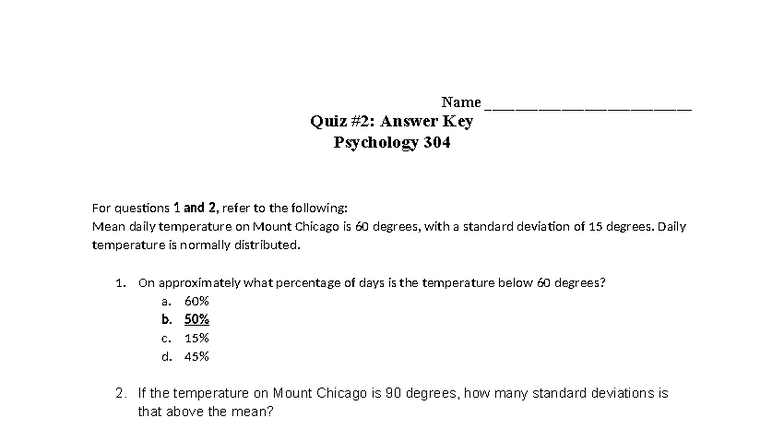 Quiz #2 Answer Key for Psychology 304: Stats & Correlation Concepts ...