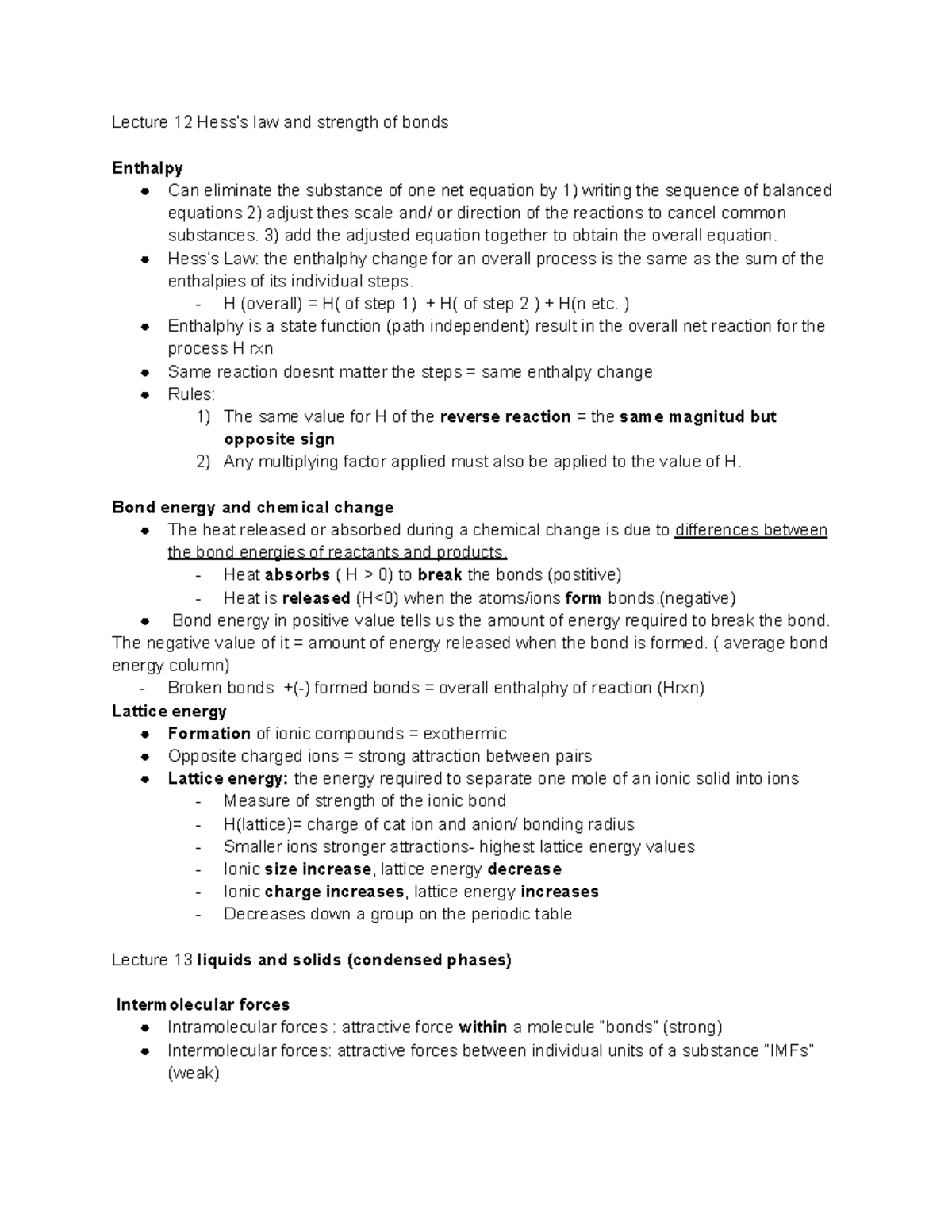 Lecture Notes on Chemical Bonds, Enthalpy, and Solutions (CHEM 101 ...