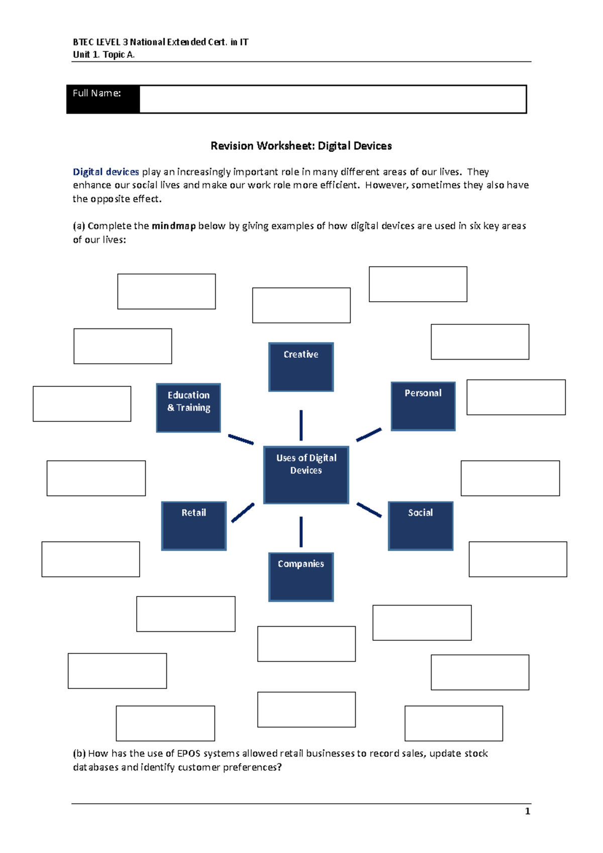BTEC Level 3 IT Unit 1 Revision: Digital Devices Worksheet - Studocu