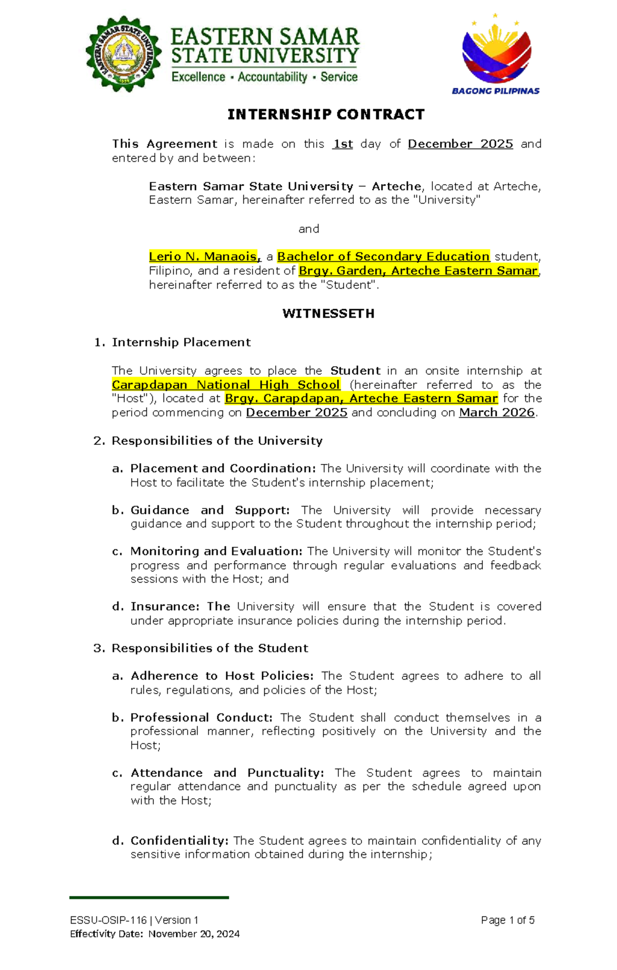 SIP 116 Internship Contract Agreement for ESSU Students - Studocu