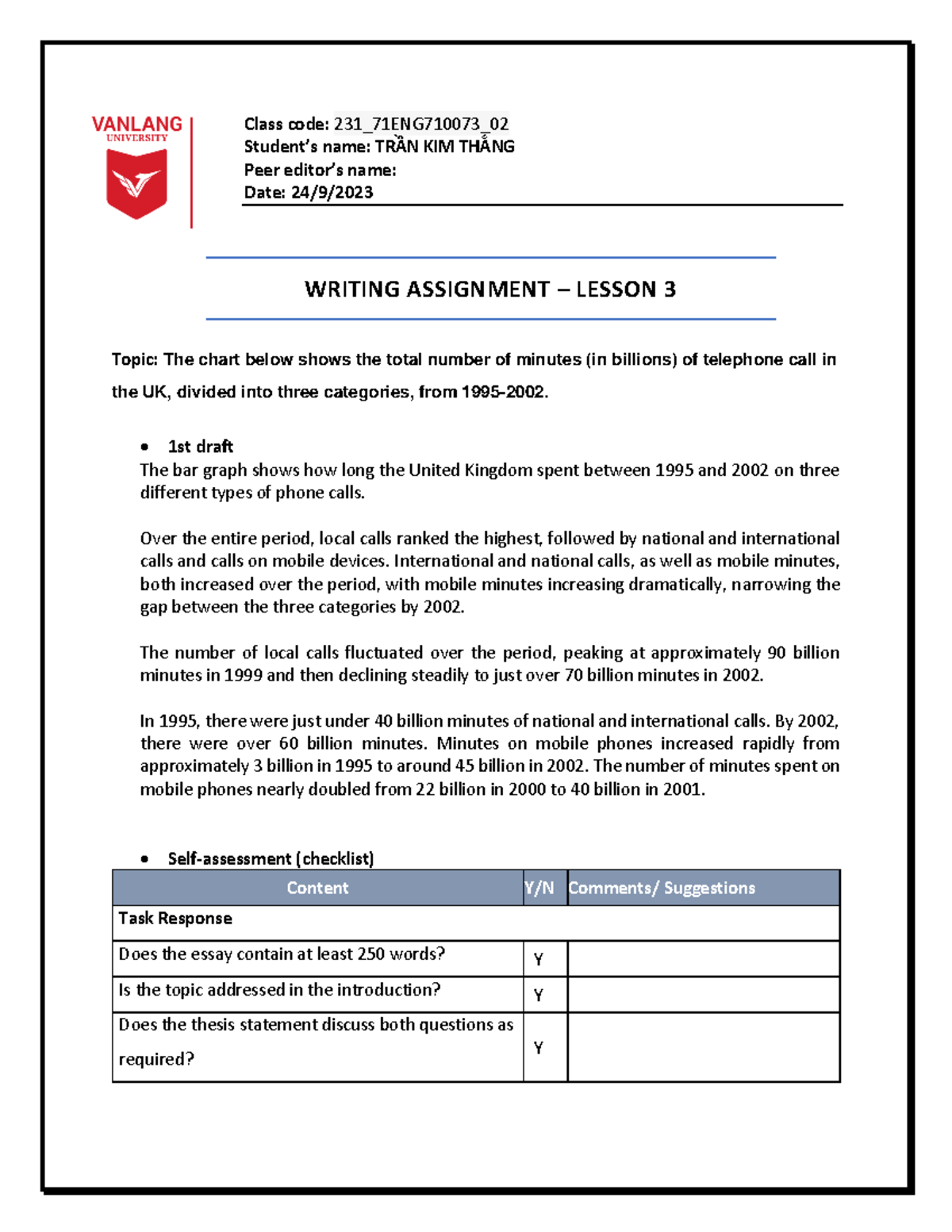 Thang-lesson 6-av7 - Class code: 231_71ENG710073_ Student’s name: TRẦN ...
