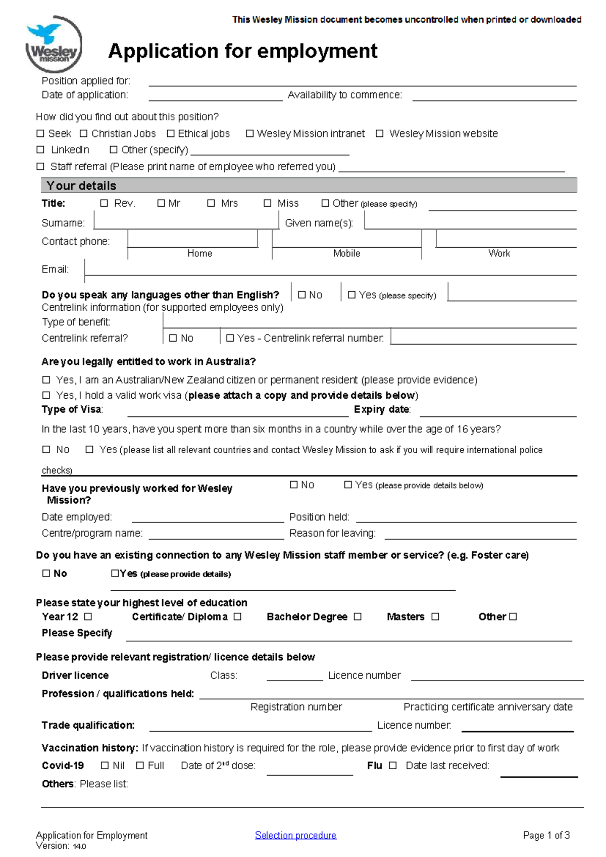 Application for Employment Form - Wesley Mission - Studocu