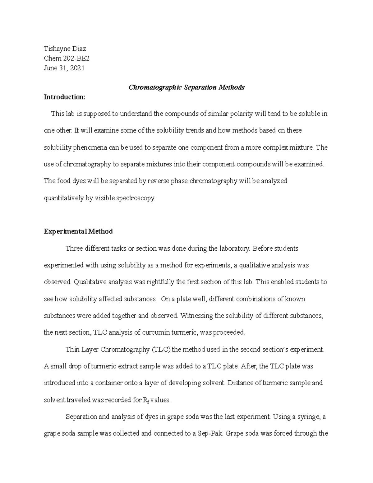 Chem 202-BE Lab Report: Chromatographic Separation Methods Analysis ...