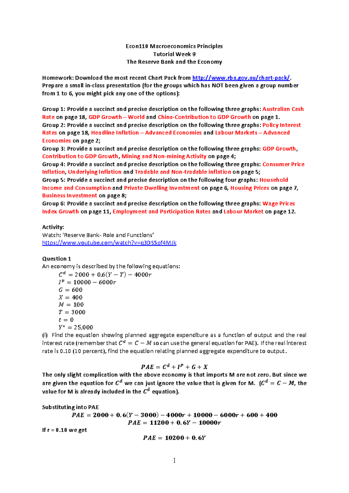 Week 9 tutorial guide - Econ110 Macroeconomics Principles Tutorial Week ...