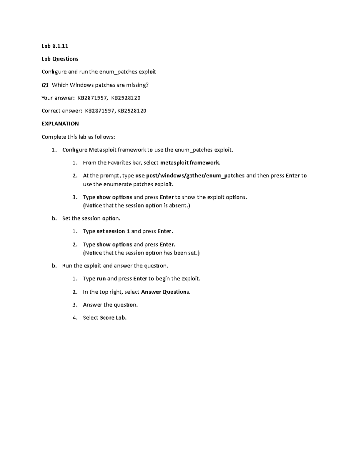 Lab 6.1.11 enum_patches exploit - Lab 6. Lab Questions Configure and run the enum_patches ...