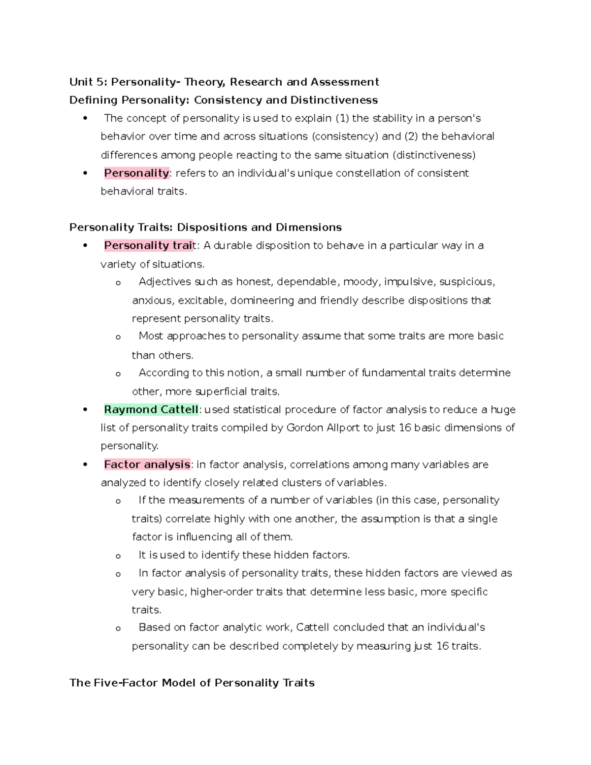 Unit 5: Personality Theories, Research, and Assessment Overview - Studocu