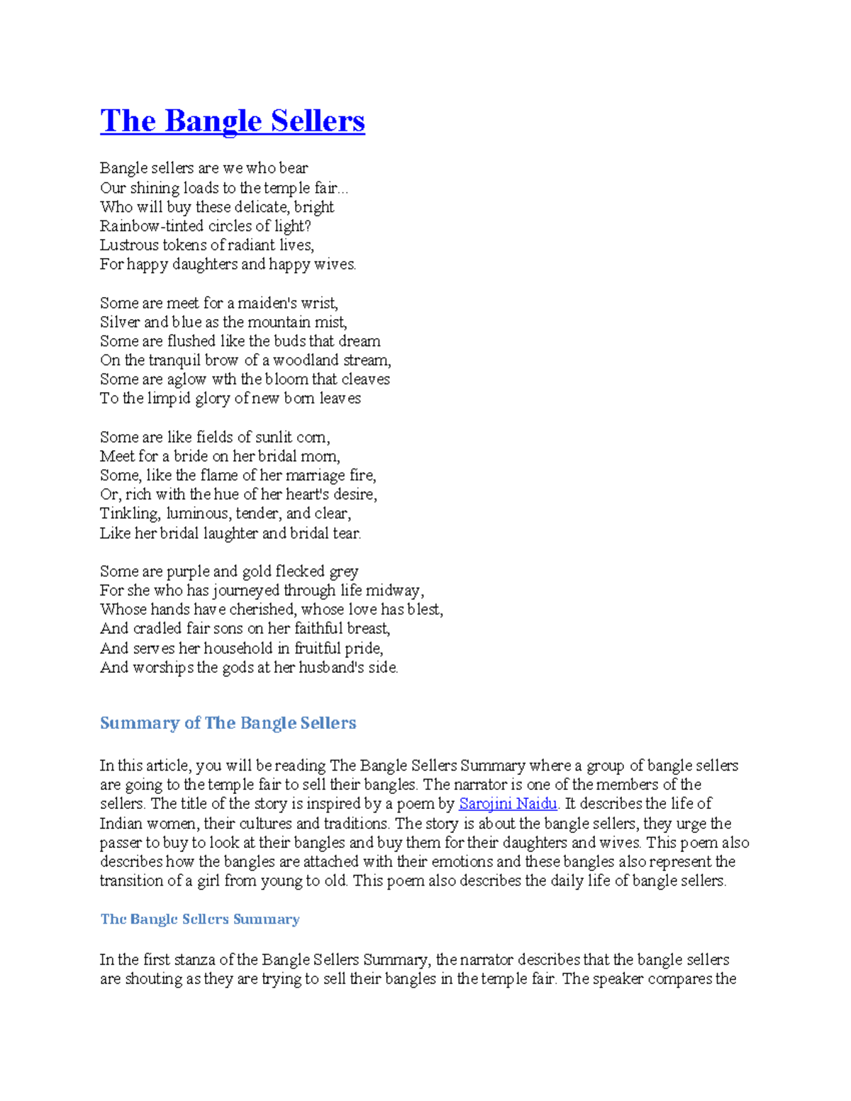 The Bangle Sellers Summary: Insights into Sarojini Naidu's Poem - Studocu