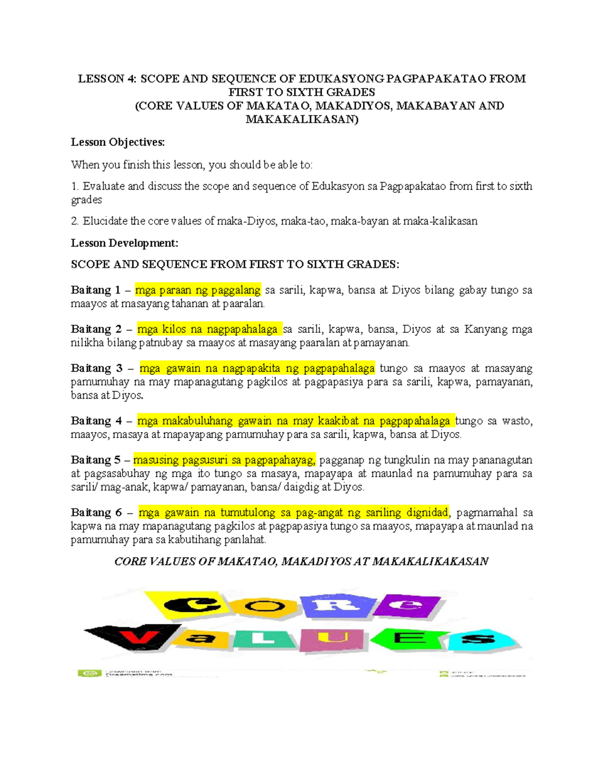Lesson 4 GMRC Scope & Sequence from Grades 1 to 6 - Studocu