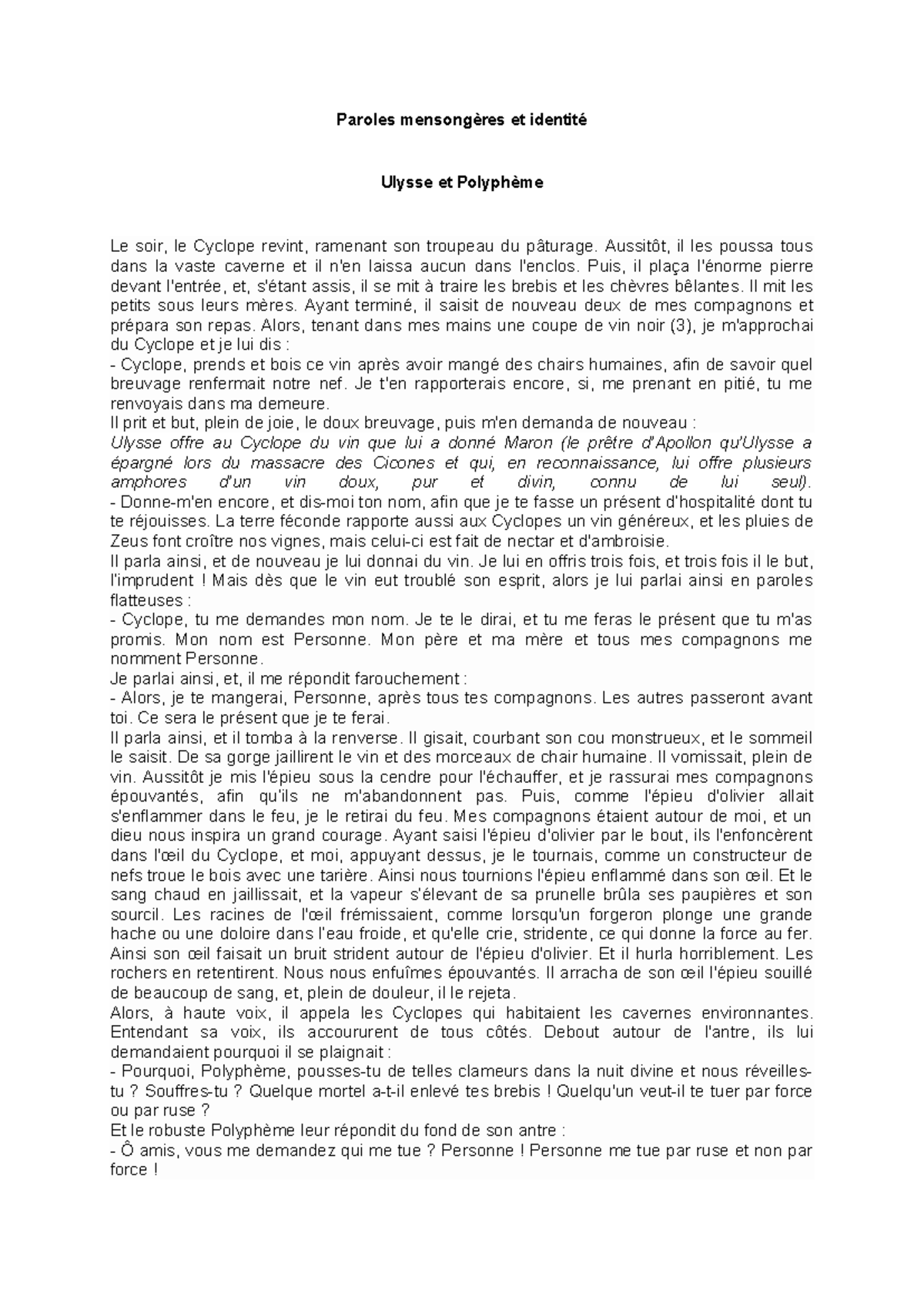 Mensonge et Identité dans Ulysse et Polyphème - Analyse Littéraire ...