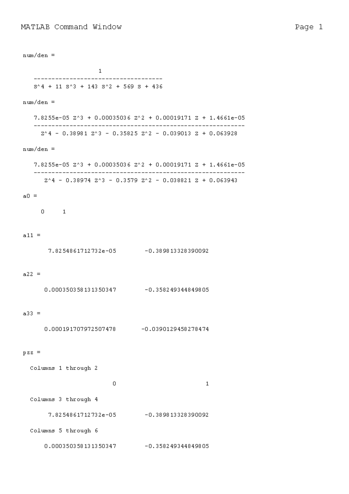 Matlab Command Window - examen - MATLAB Command Window Page 1 num/den ...
