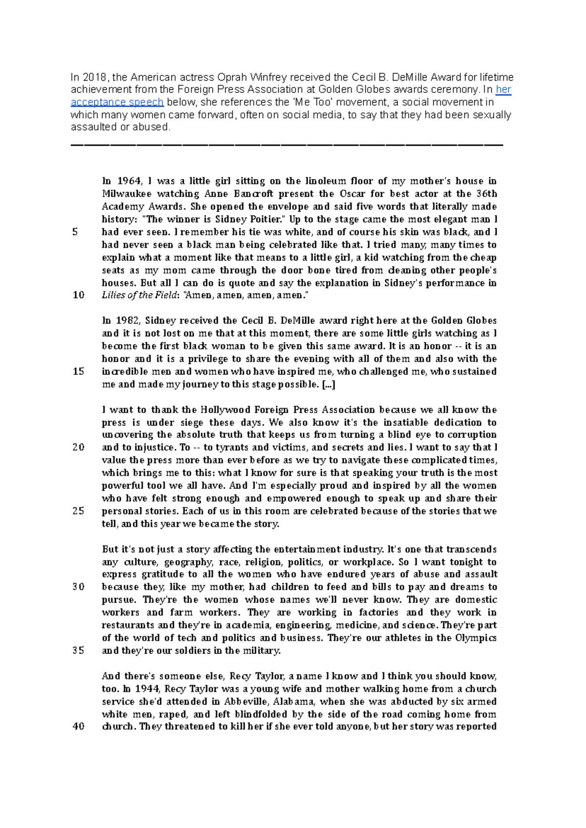 Oprah Winfrey's 2018 Golden Globes Acceptance Speech Analysis - Paper 1 ...