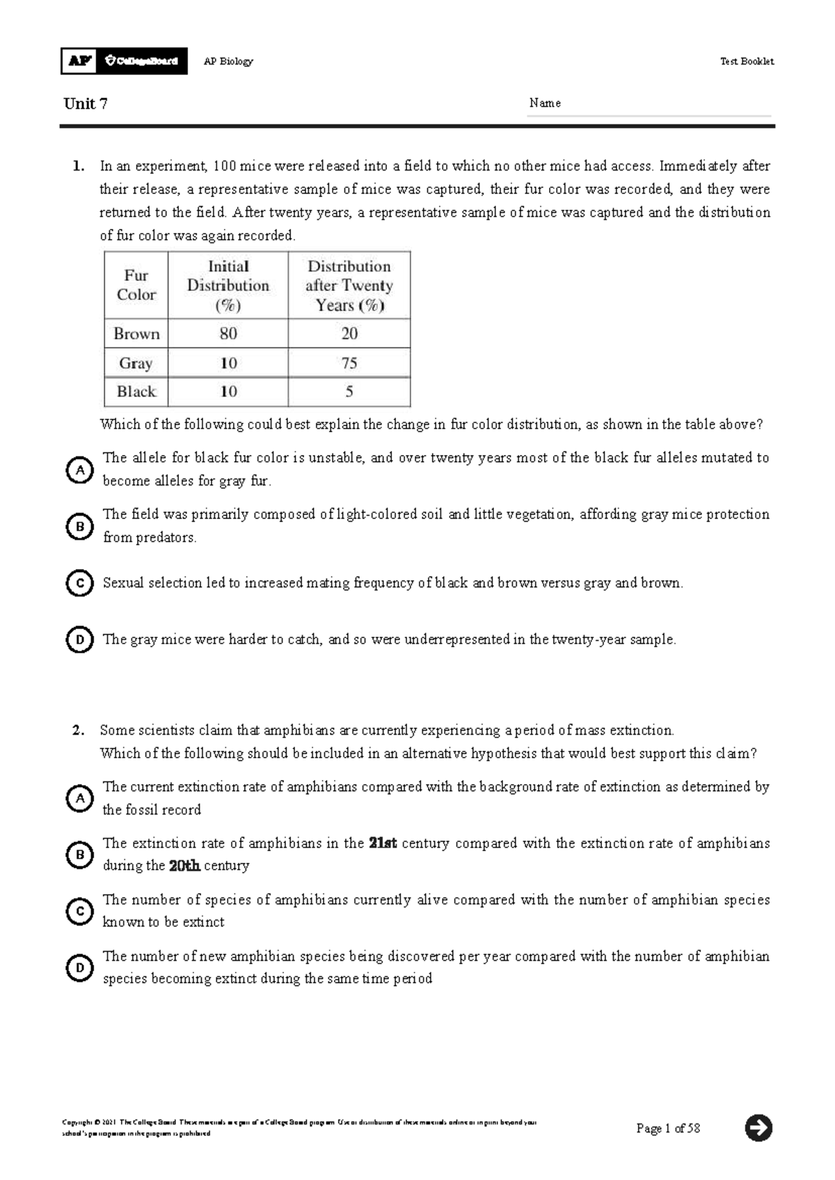 AP Biology Unit 7 Test Booklet: Multiple Choice Questions - Studocu
