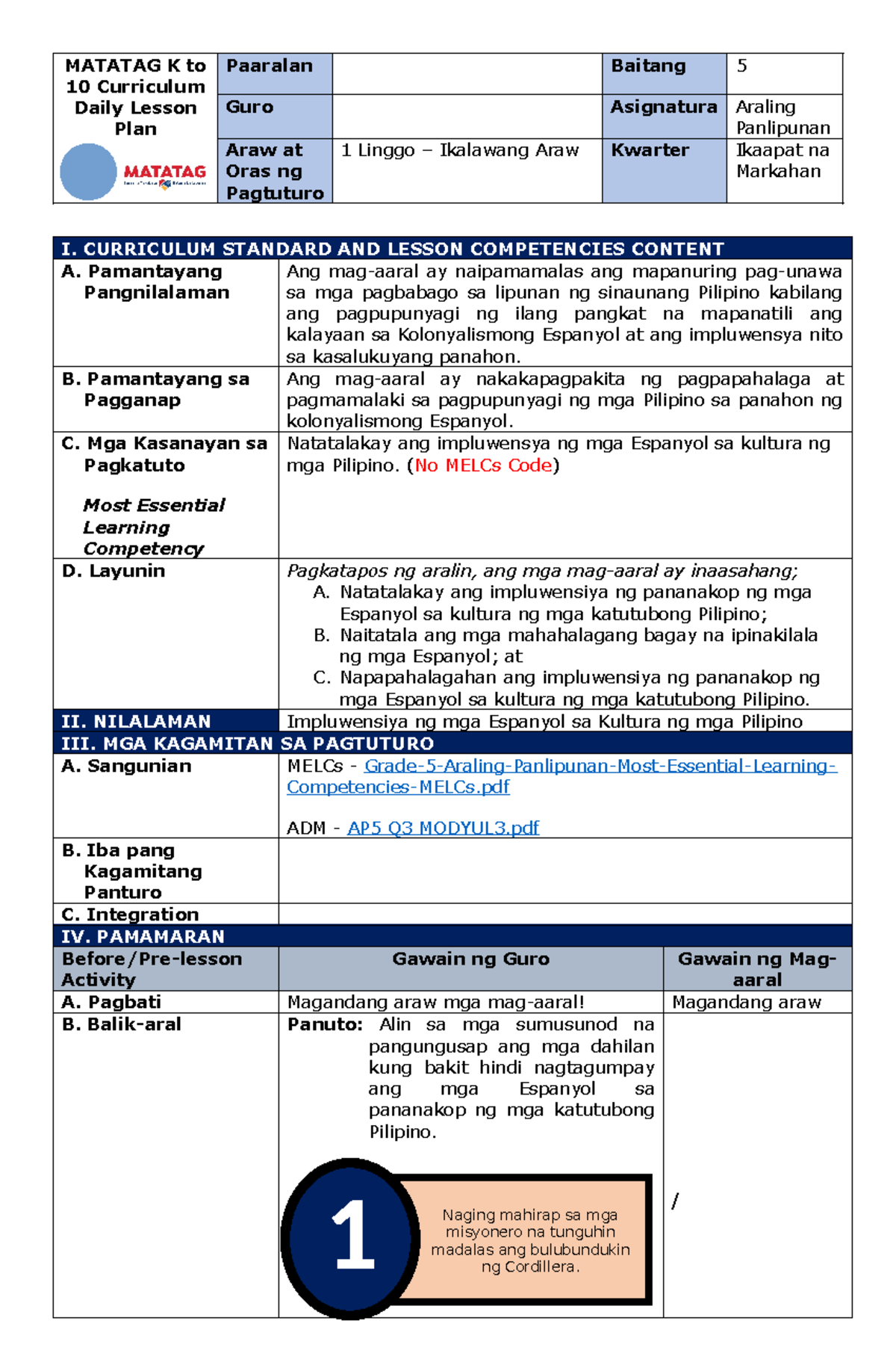 LESSON PLAN ARPAN 5: Influences of Spanish Colonization on Filipino Culture - Studocu
