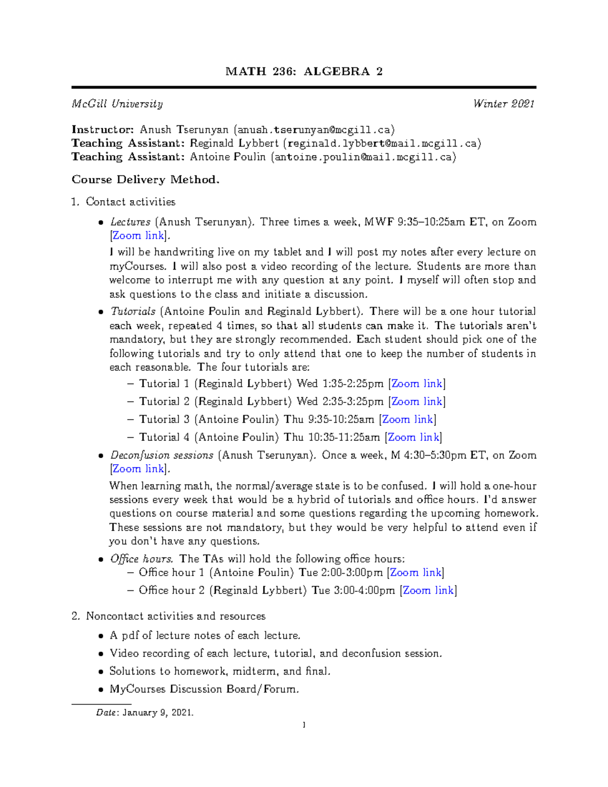 Math236-syllabus - MATH 236: ALGEBRA 2 McGill University Winter 2021 ...