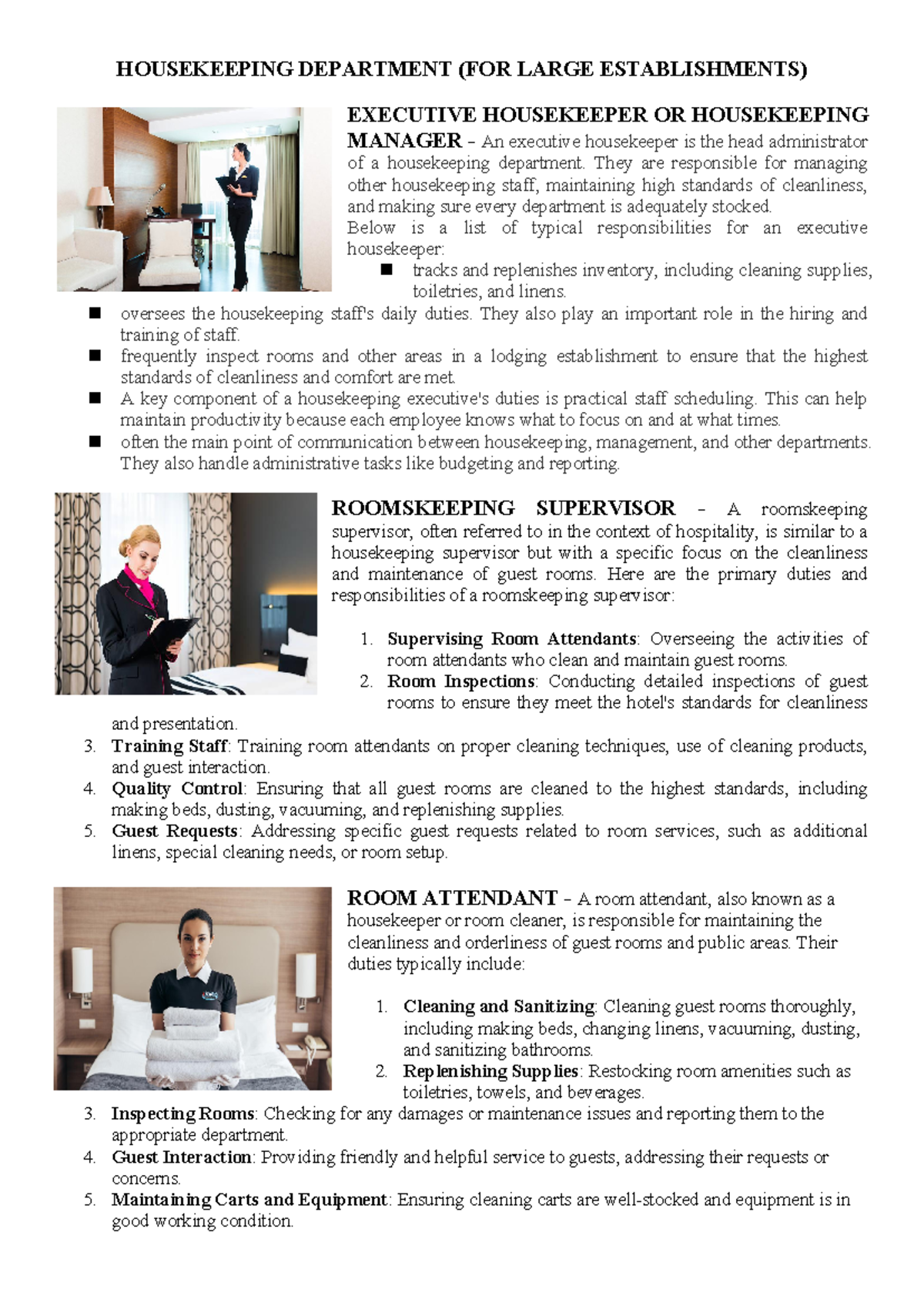 Housekeeping Roles and Responsibilities in Large Establishments - Studocu
