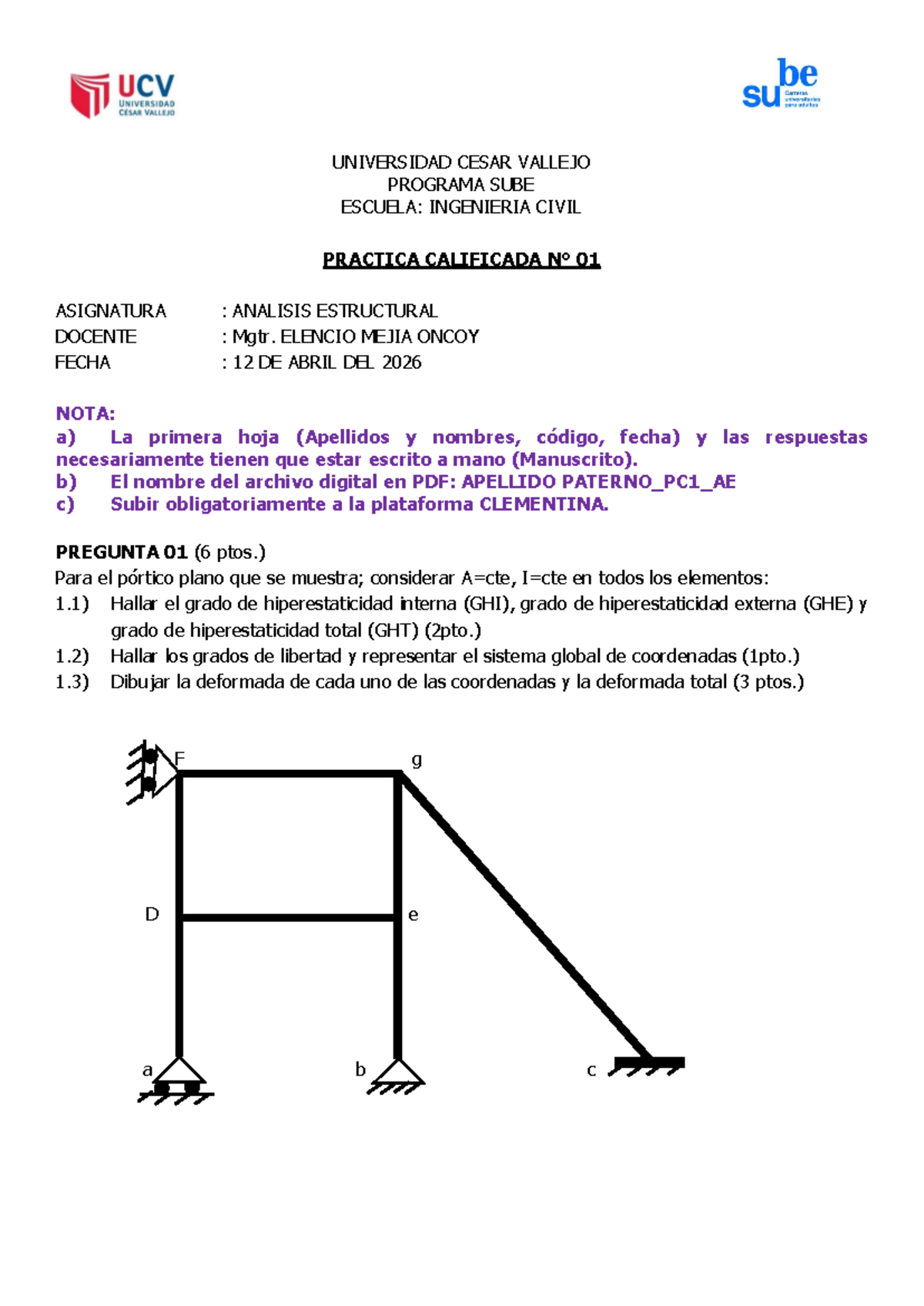 Práctica Calificada 01 Análisis Estructural 202601 Sube Studocu