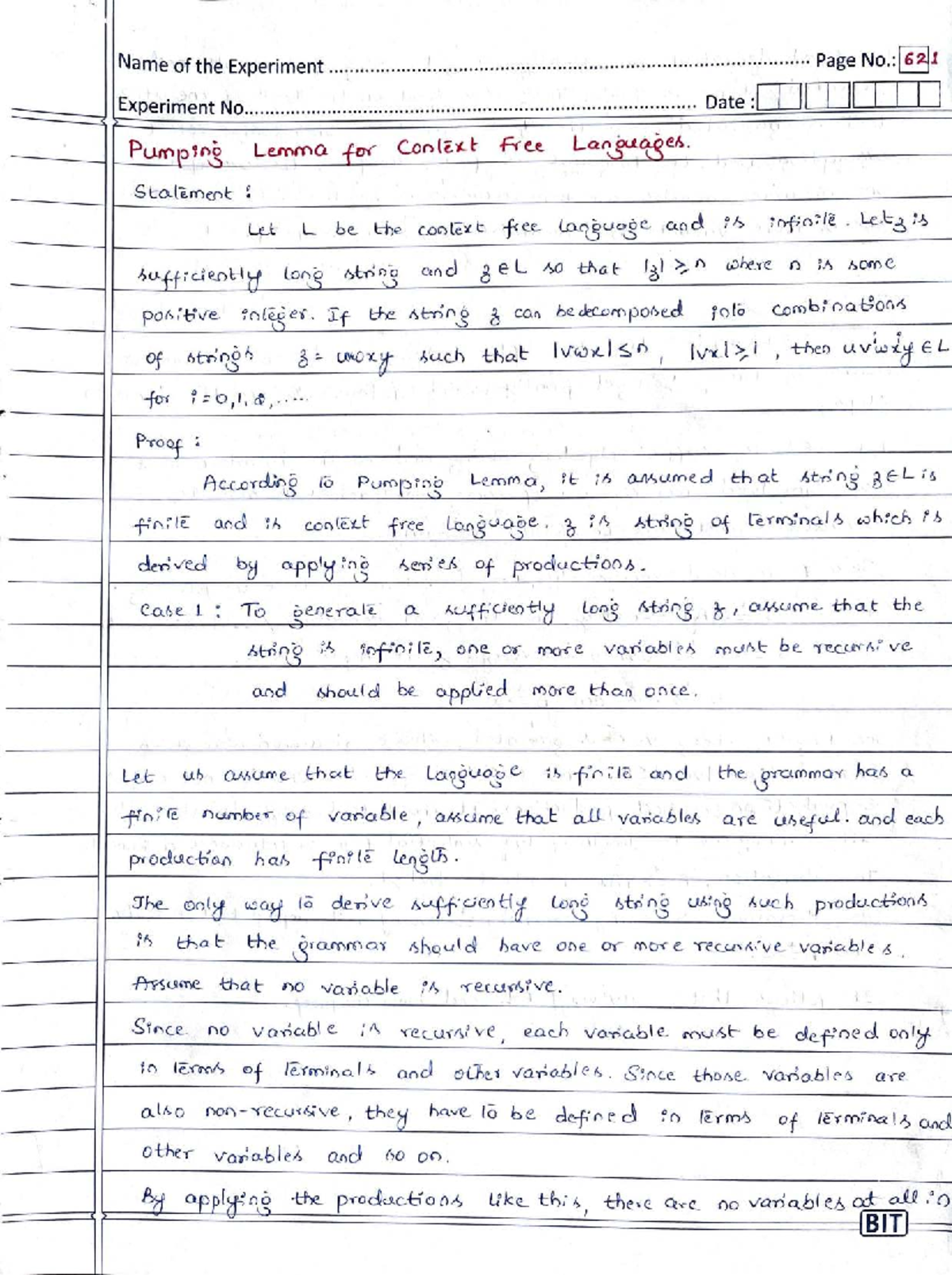 Pumping Lemma for Context Free Languages - Experiment No. 621 - Studocu